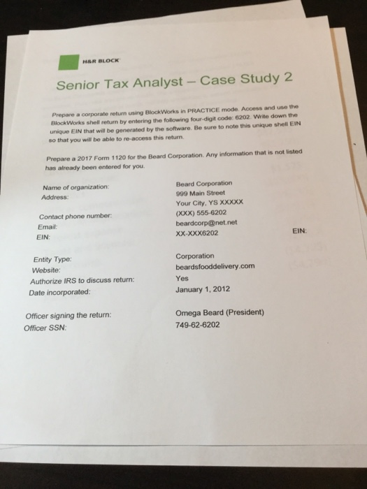 HAR BLOCK Senior Tax Analyst- Case Study 2 Prepare a | Chegg.com