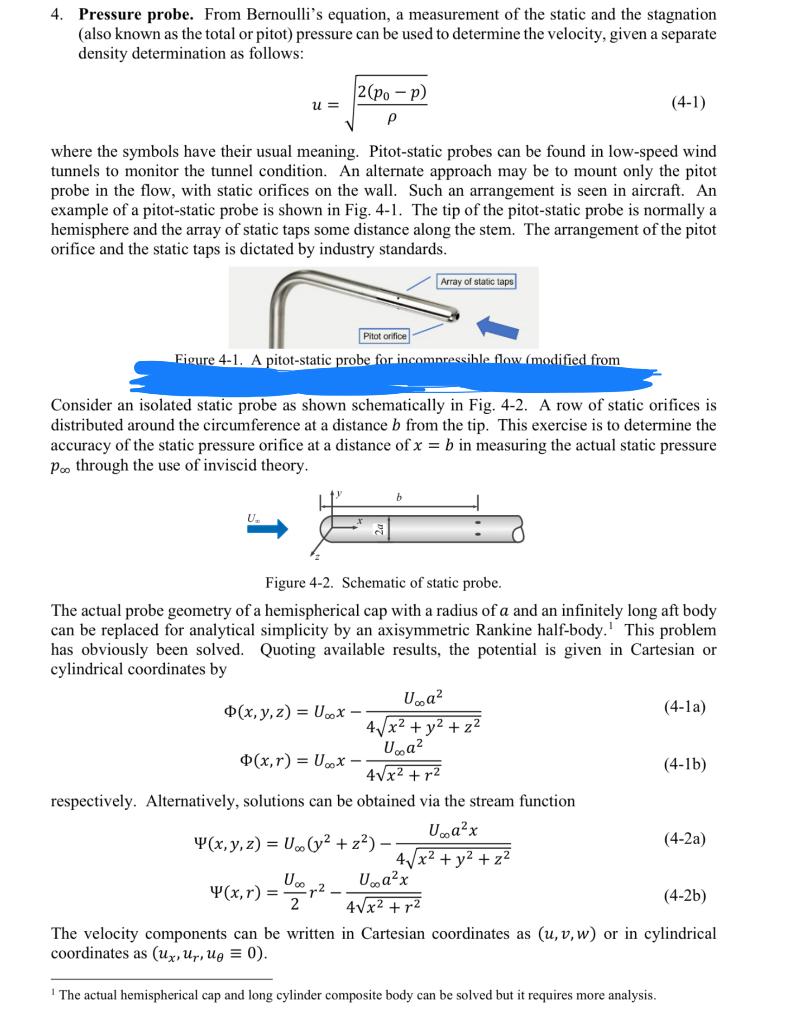 4. Pressure probe. From Bernoulli's equation, a | Chegg.com