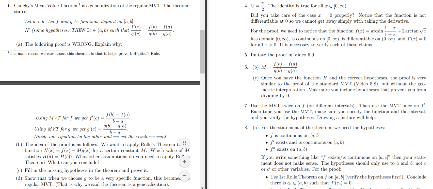 Solved Cauchy's MVT I need help on question 6 on the left. | Chegg.com