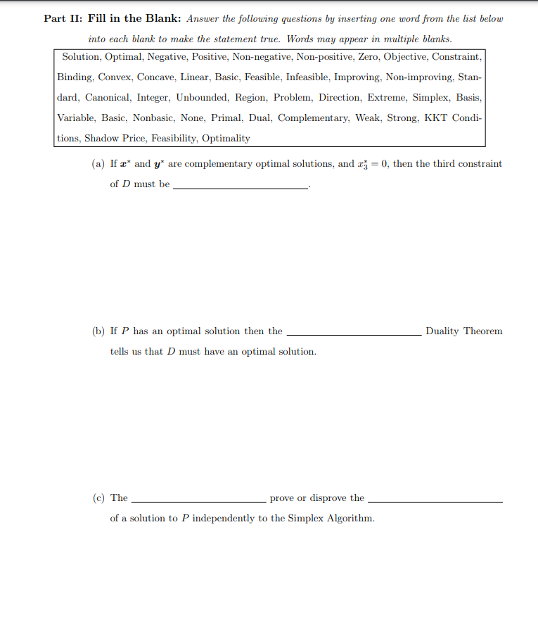 Solved Part II: Fill in the Blank: Answer the following | Chegg.com