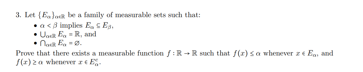Solved 3. Let {Eα}α∈R be a family of measurable sets such | Chegg.com