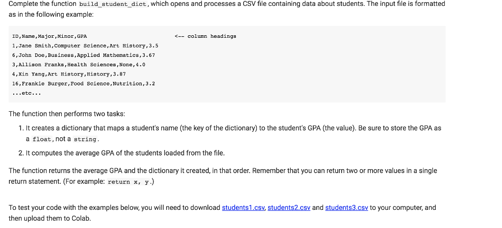 Solved Complete the function build_student_dict, which opens | Chegg.com