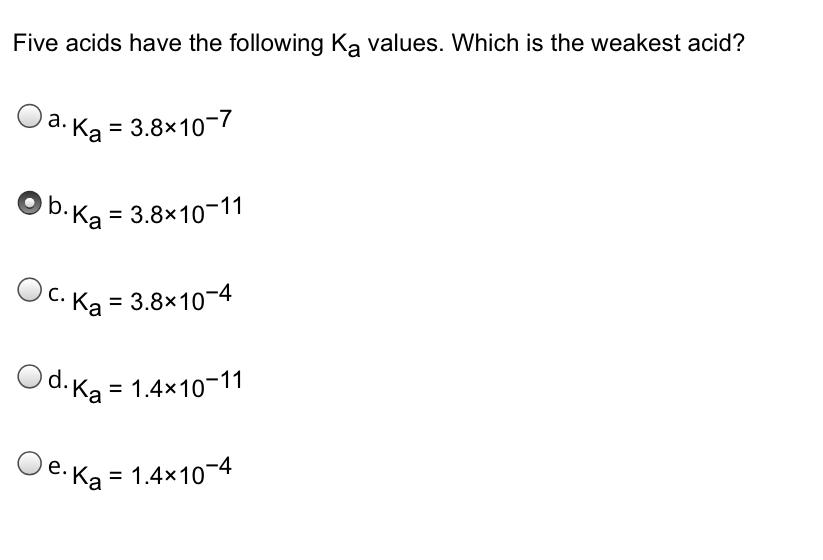 Solved Five acids have the following Ka values. Which is the | Chegg.com