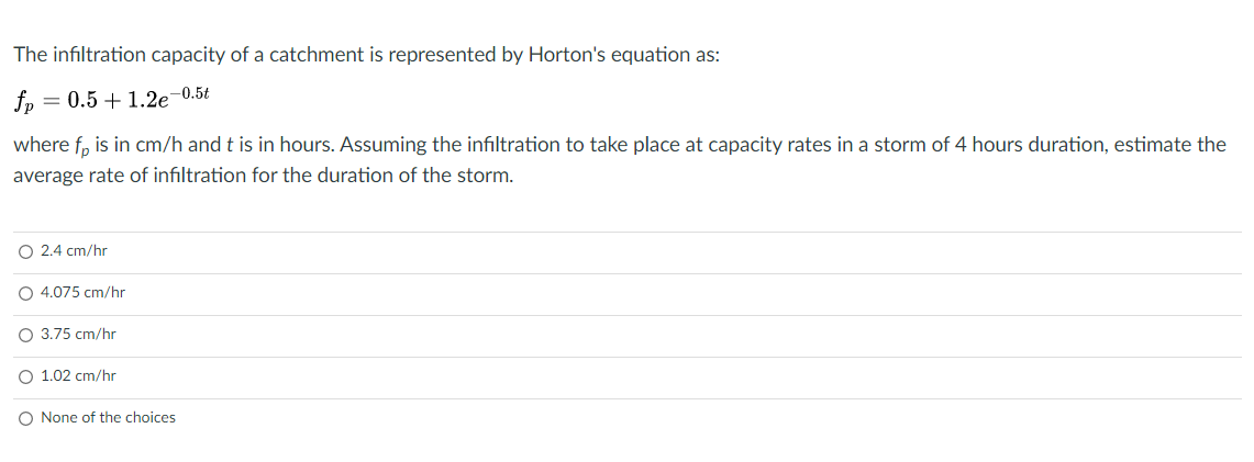 Solved The infiltration capacity of a catchment is | Chegg.com