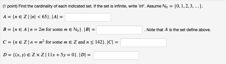 Solved (1 point) Find the cardinality of each indicated set. | Chegg.com