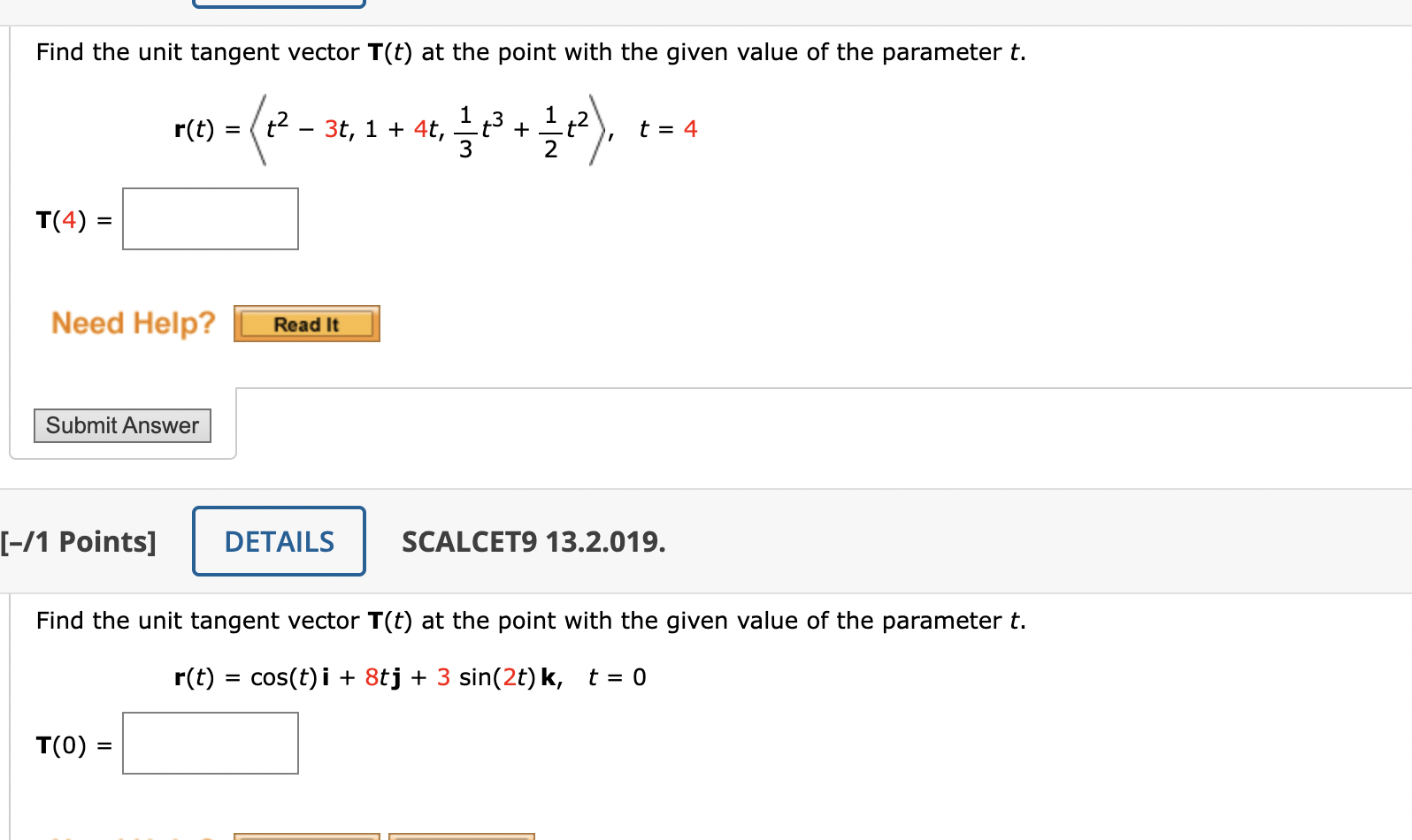 Solved Find the unit tangent vector T(t) at the point with | Chegg.com