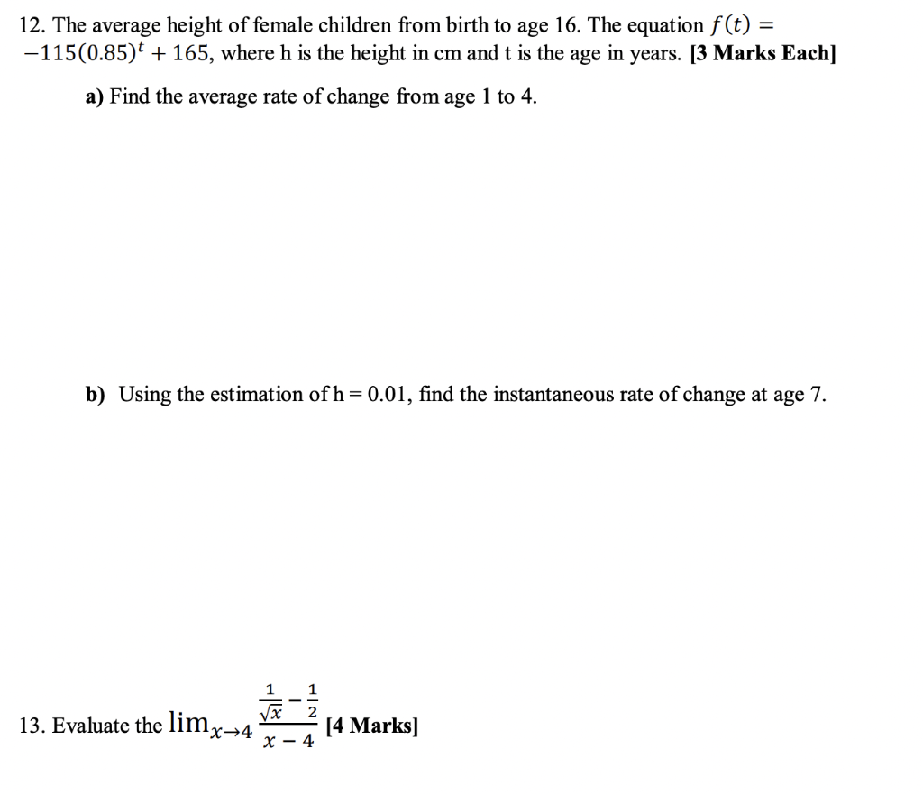 Solved 12. The average height of female children from birth | Chegg.com