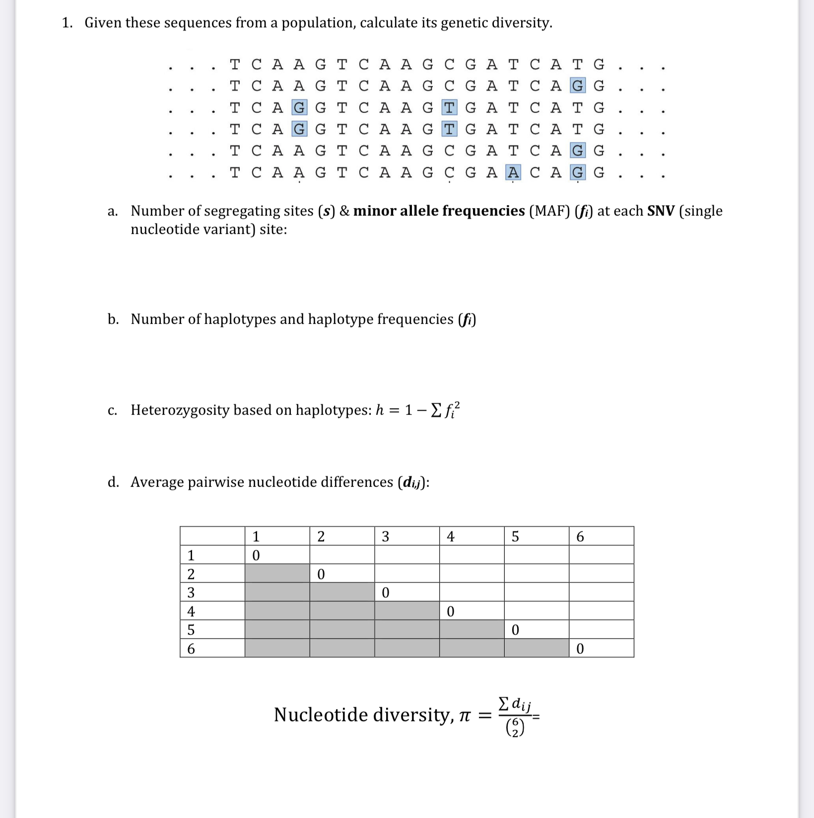 Solved Given these sequences from a population, calculate | Chegg.com