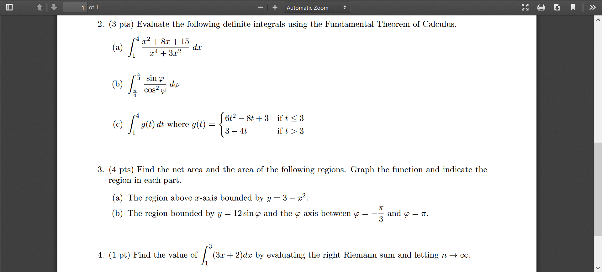 Solved 1 of 1 + Automatic Zoom 2. (3 pts) Evaluate the | Chegg.com