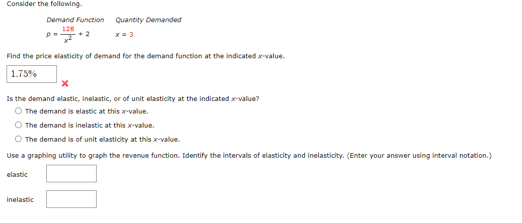 Solved Consider the following. Demand Function p=x2128+2x=3 | Chegg.com