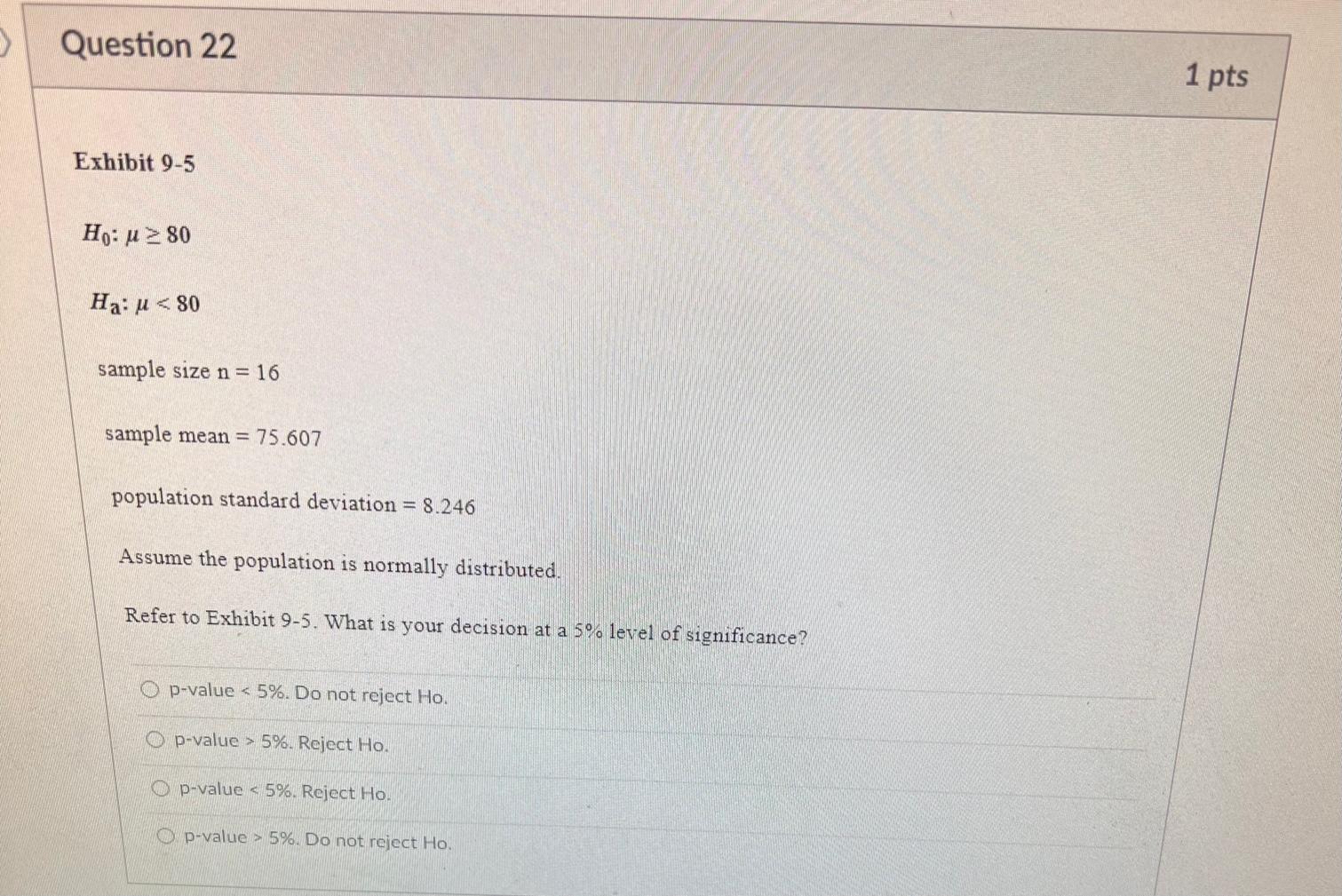 Solved Question 22 1 pts Exhibit 9-5 Ho: u> 80 Ha: u