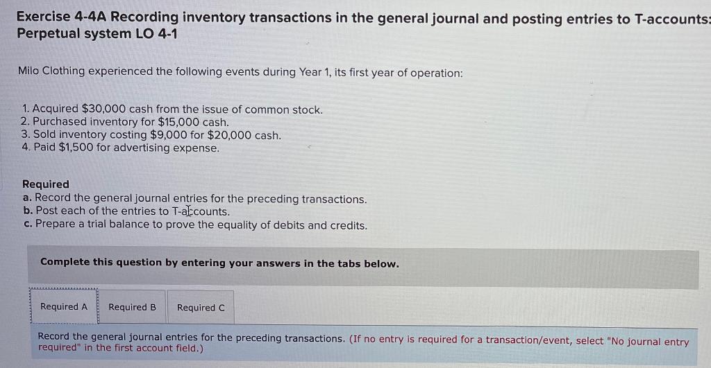 Solved Exercise 4-4A Recording inventory transactions in the | Chegg.com