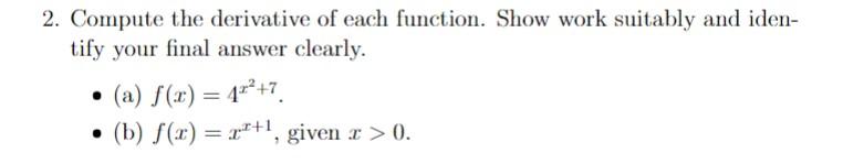 Solved 2. Compute the derivative of each function. Show work | Chegg.com