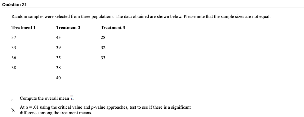 Solved Question 21 Random samples were selected from three | Chegg.com