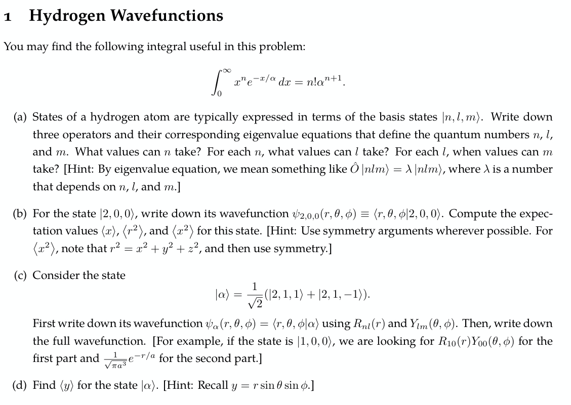 Solved 1 Hydrogen Wavefunctions You may find the following | Chegg.com