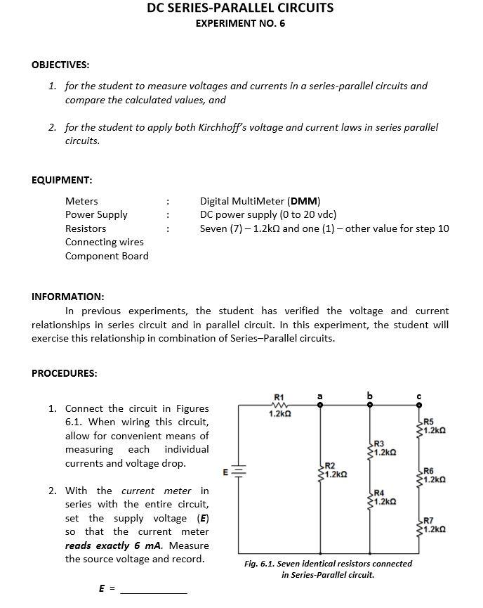 Solved DC SERIES-PARALLEL CIRCUITS EXPERIMENT NO. 6 | Chegg.com