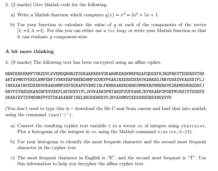 Solved 3 2 Marks Give Matlab Code For The Following A 