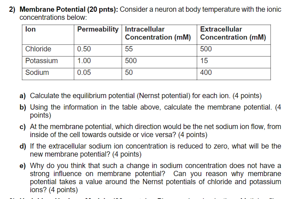 Solved 2) Membrane Potential (20 pnts): Consider a neuron at | Chegg.com