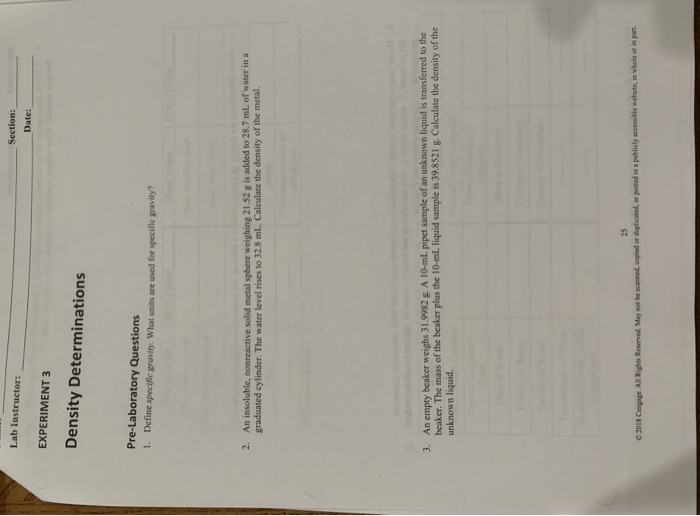 Solved Lab Instructor: EXPERIMENT 3 Density Determinations | Chegg.com