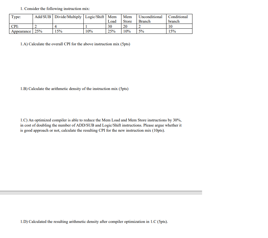 Solved 1. Consider the following instruction mix: 1.A) | Chegg.com