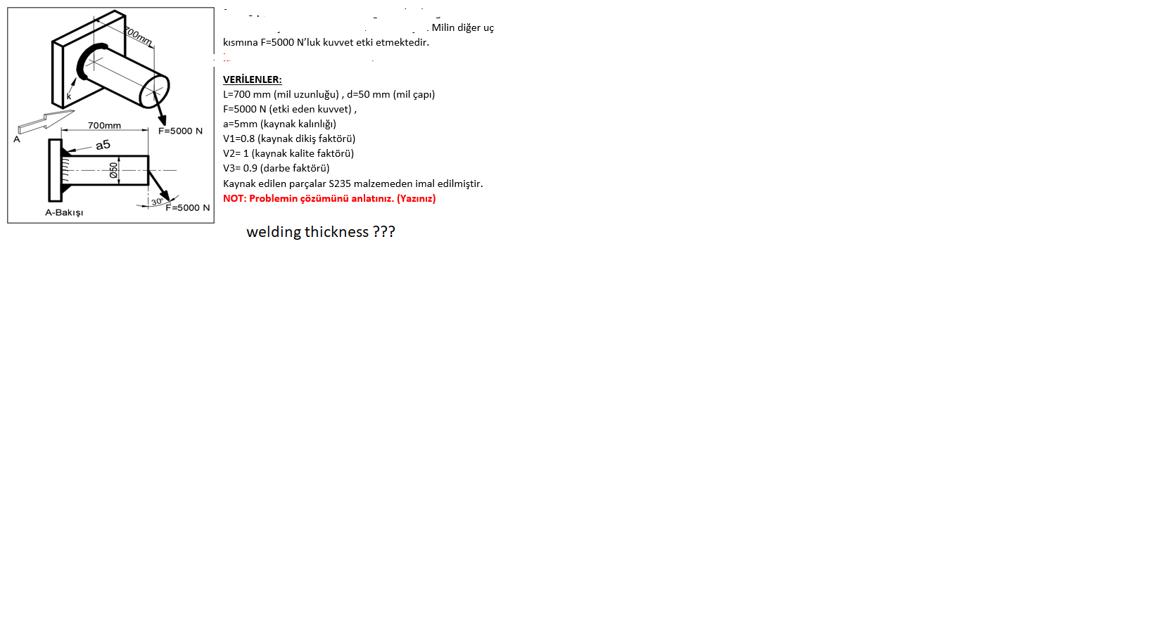 Solved FOOmm 700mm d=50 mm L=700 mm F=5000 N a=5mm V1=0.8 | Chegg.com