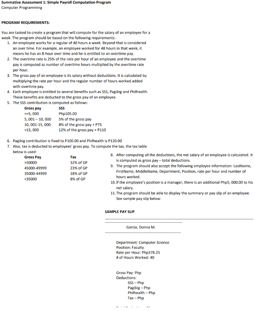 Solved Summative Assessment 1: Simple Payroll Computation | Chegg.com