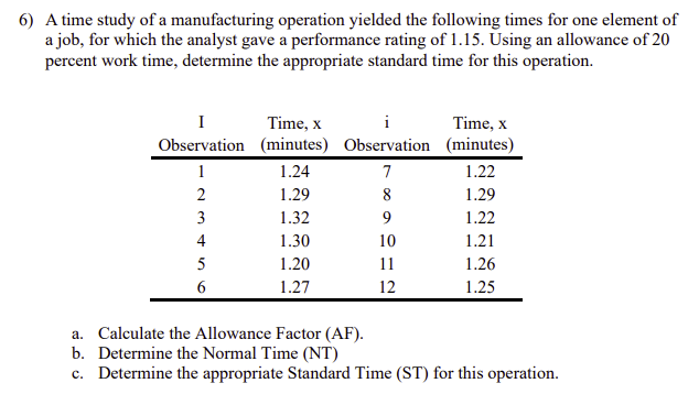 Solved 6) A time study of a manufacturing operation yielded | Chegg.com