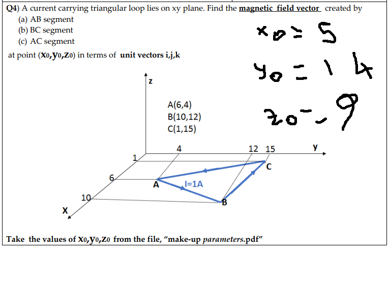 Solved Q4) A current carrying triangular loop lies on xy | Chegg.com