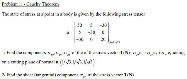 Solved Problem 1: - Cauchy Theorem The state of stress at a | Chegg.com