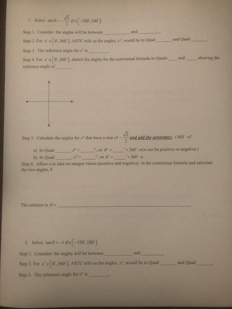 Solved 1. Solve: sin = - and 20e[-180",180') Step 1. | Chegg.com