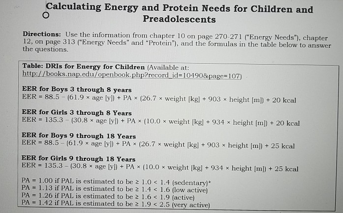 Solved Calculating Energy and Protein Needs for Children and | Chegg.com