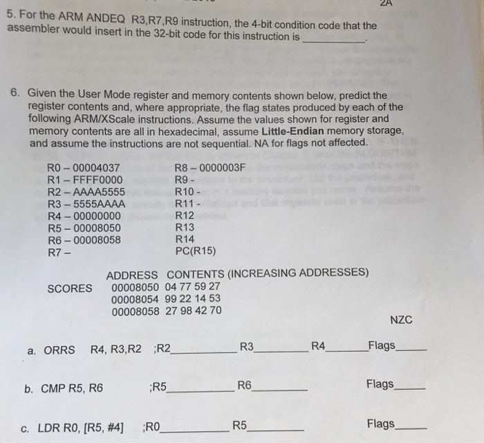Solved 5. For the ARM ANDEQ R3,R7,R9 instruction, the 4-bit | Chegg.com
