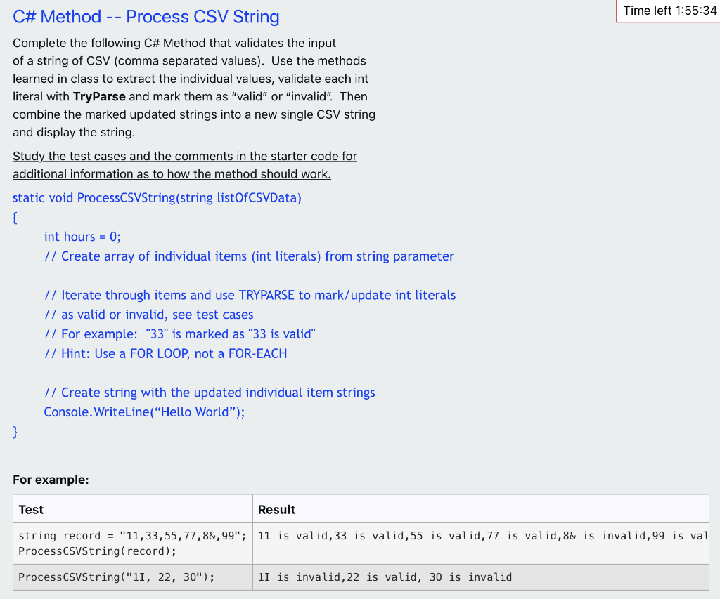 Solved Time left 1:55:34 C# Method -- Process CSV String | Chegg.com