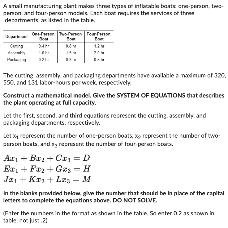 Solved A small manufacturing plant makes three types of | Chegg.com