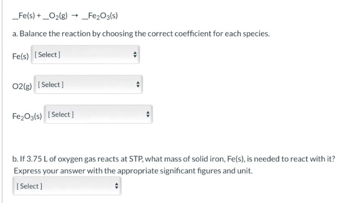 Solved Fe(s) +_O2(g)Fe2O3(s) a. Balance the reaction by | Chegg.com