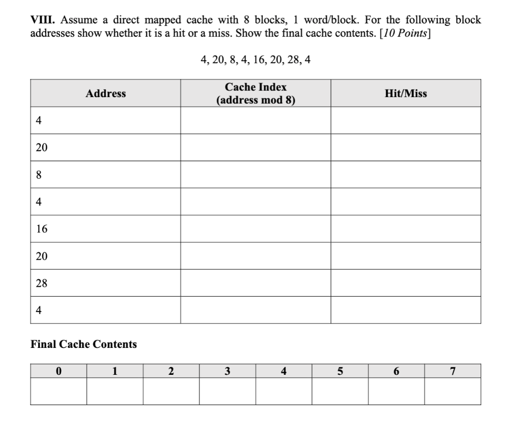 VIII. Assume a direct mapped cache with 8 blocks, 1 | Chegg.com