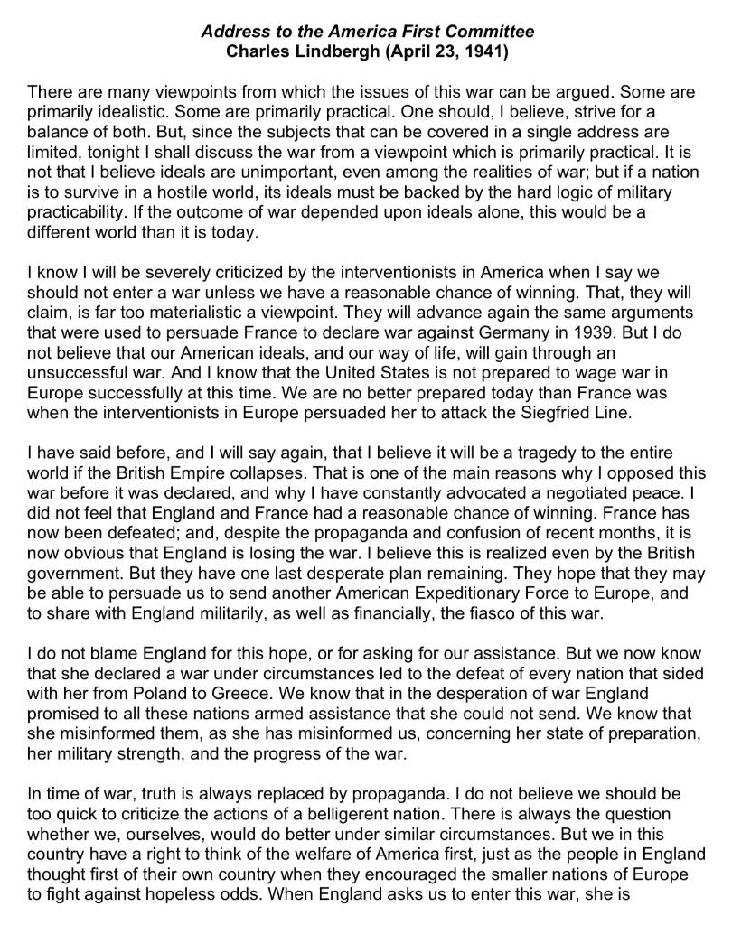 Address to the America First Committee Charles | Chegg.com