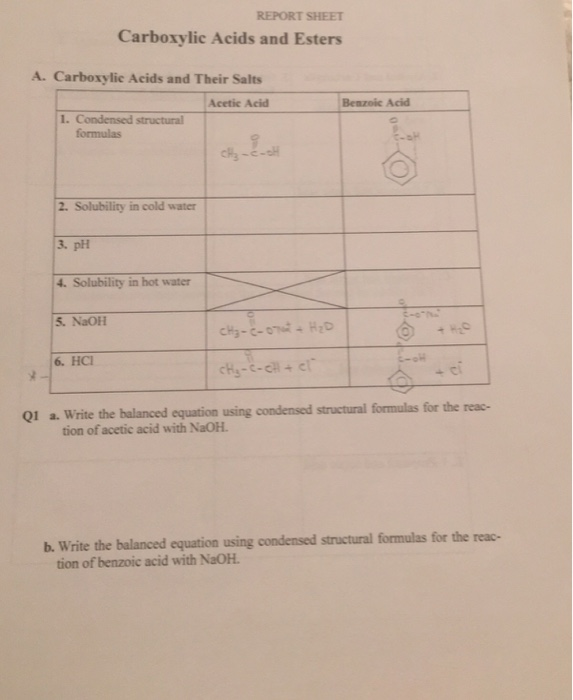 Solved REPORT SHEET Carboxylic Acids and Esters A. | Chegg.com