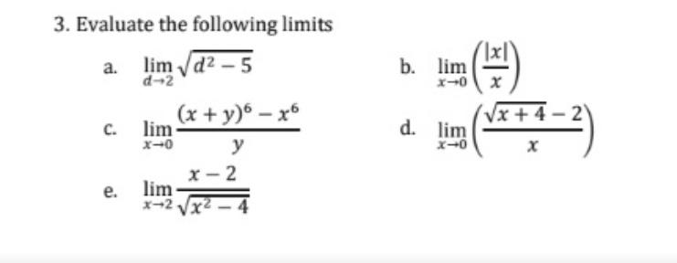 Solved 3. Evaluate the following limits a. limd→2d2−5 b. | Chegg.com