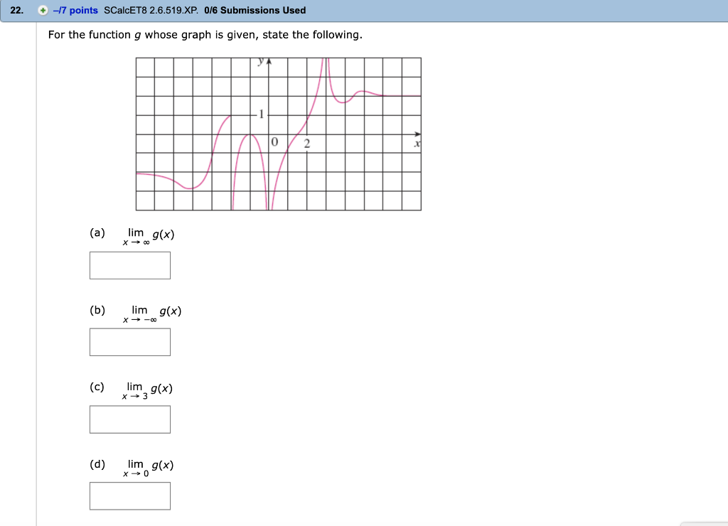 Solved 22. + -17 points SCalcET8 2.6.519.XP. 0/6 Submissions | Chegg.com
