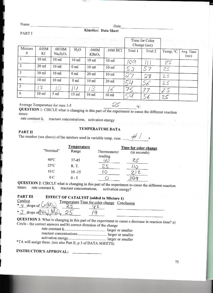 Solved Avg. Time (sec) 0 ml 57 Name Date Kinetics: Data | Chegg.com