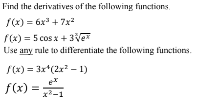 Solved Find the derivatives of the following functions. | Chegg.com