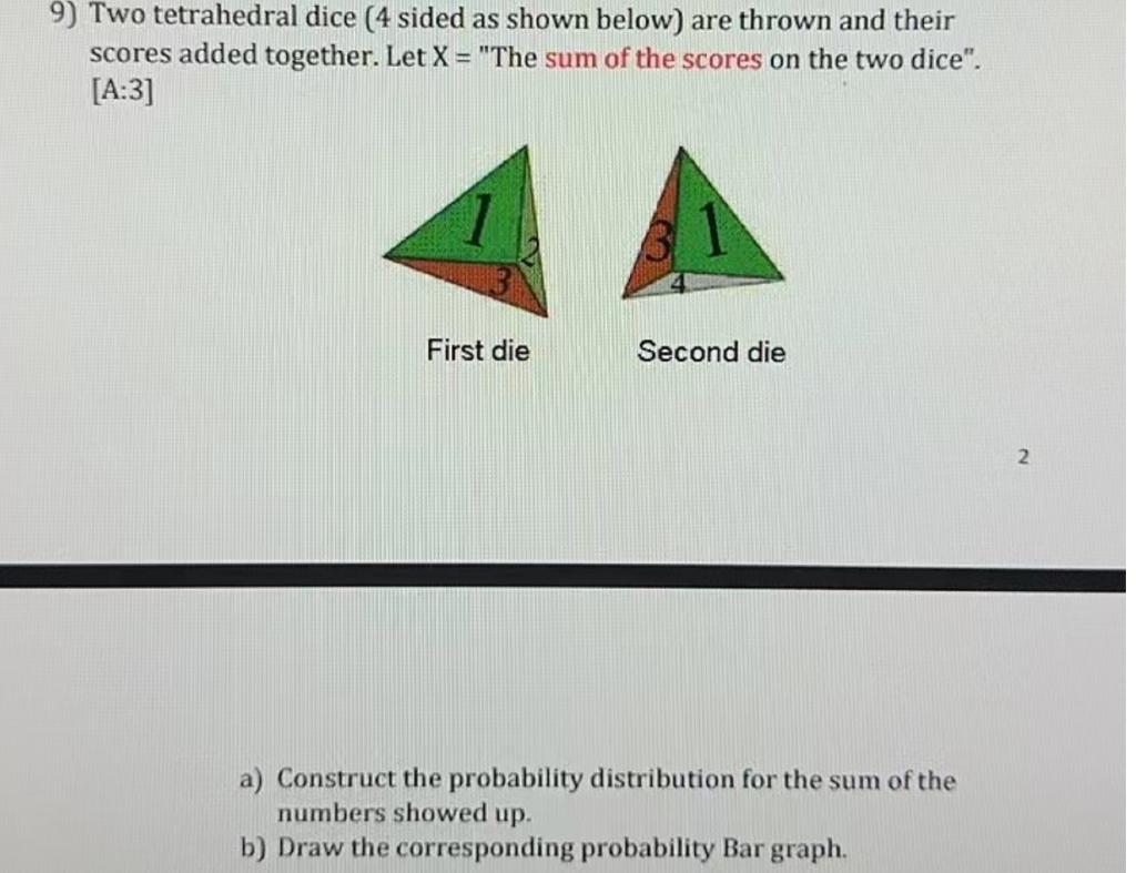 Solved 9) Two tetrahedral dice ( 4 sided as shown below) are | Chegg.com