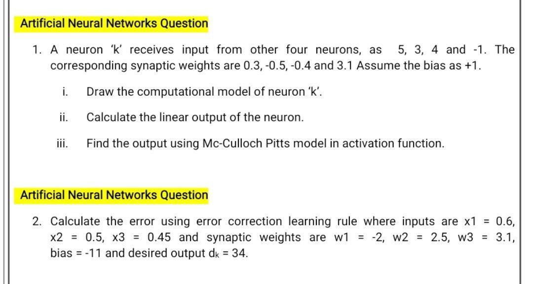 Solved Artificial Neural Networks Question 1. A neuron 'k' | Chegg.com