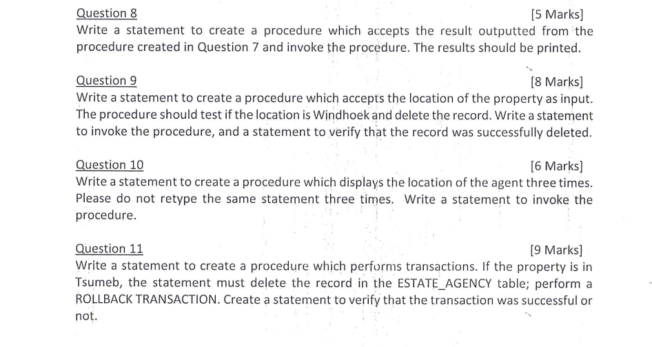 Question 8 Write a statement to create a procedure | Chegg.com
