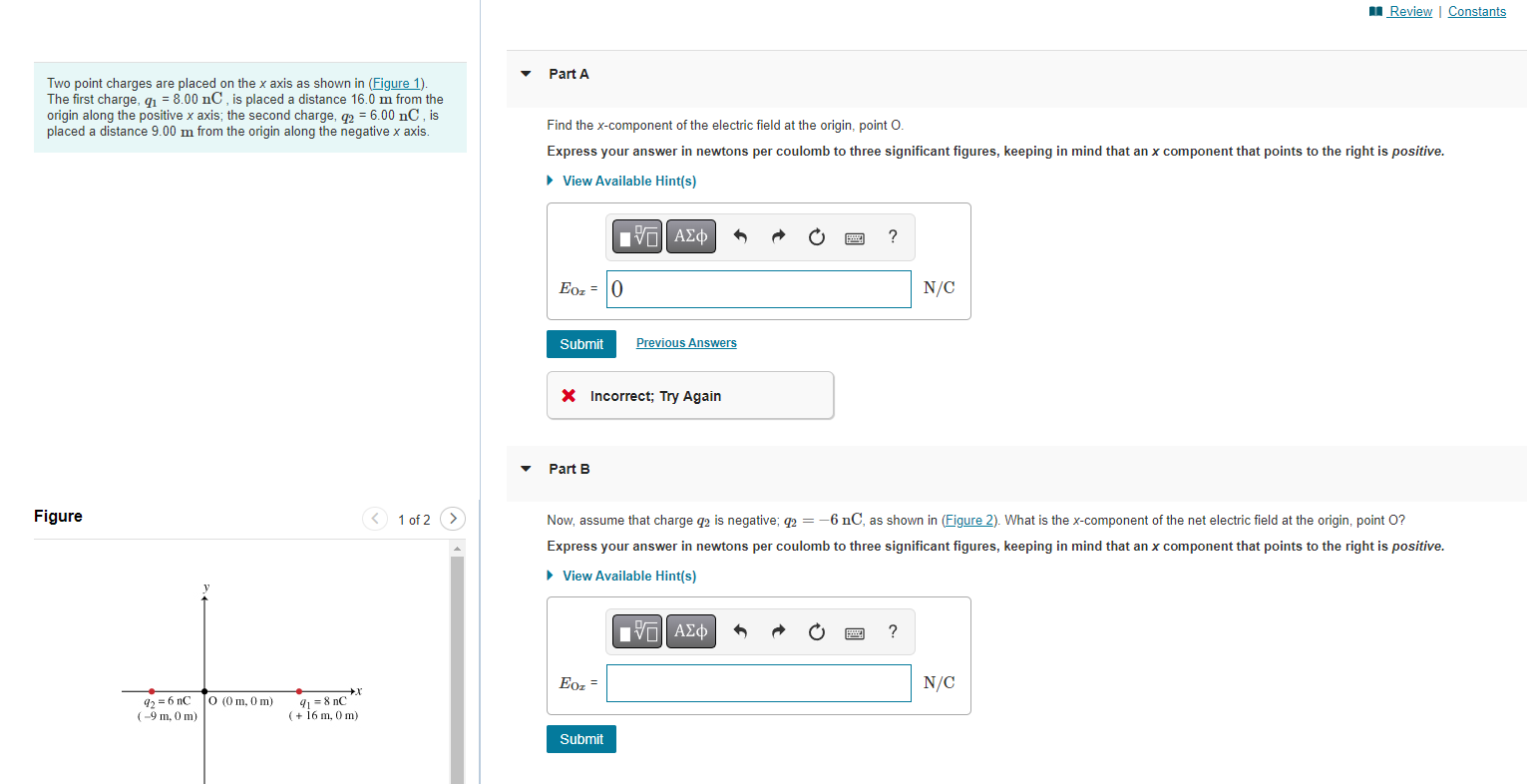 Solved Two point charges are placed on the x axis as shown | Chegg.com