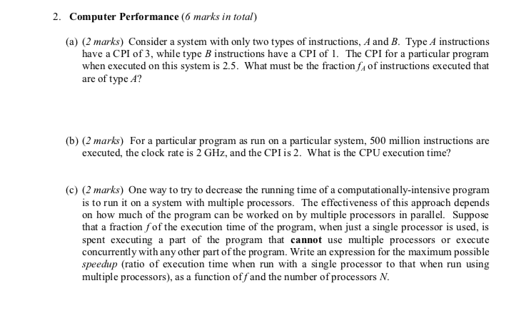 Solved 2. Computer Performance (6 marks in total) (a) (2 | Chegg.com