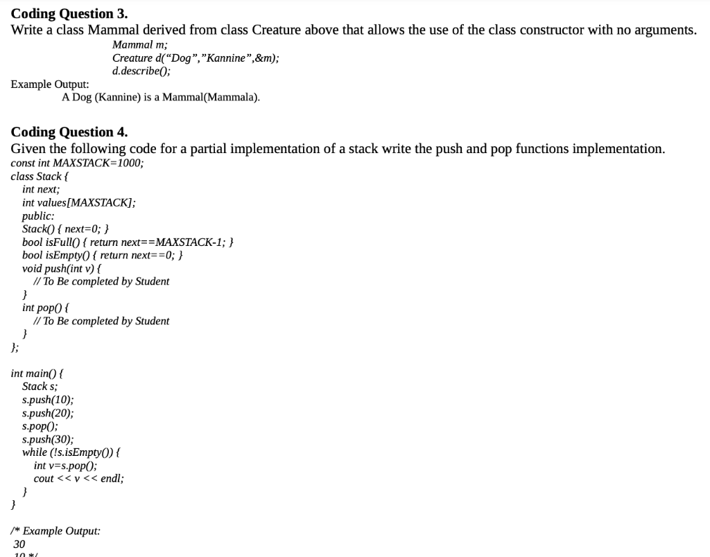 Solved Coding Question 3. Write a class Mammal derived from | Chegg.com