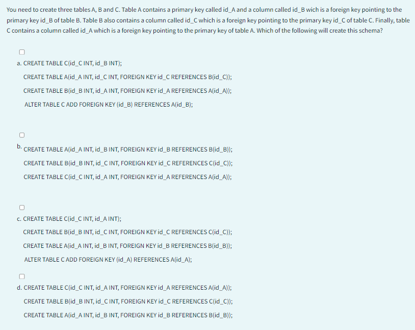 Solved You need to create three tables A,B and C. Table A | Chegg.com