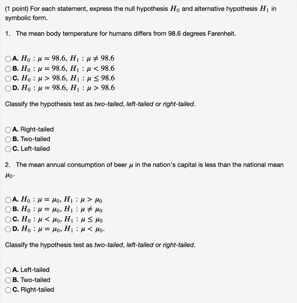 Solved (1 point) For each statement, express the null | Chegg.com